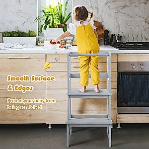 Costzon Kids Kitchen Step Stool with Safety Rail, Toddler Kitchen Stool w/Solid Bamboo Construction, Child Stand Helper for Kitchen Bathroom Living Room, Perfect for Toddler from 18-36 Months (Grey)