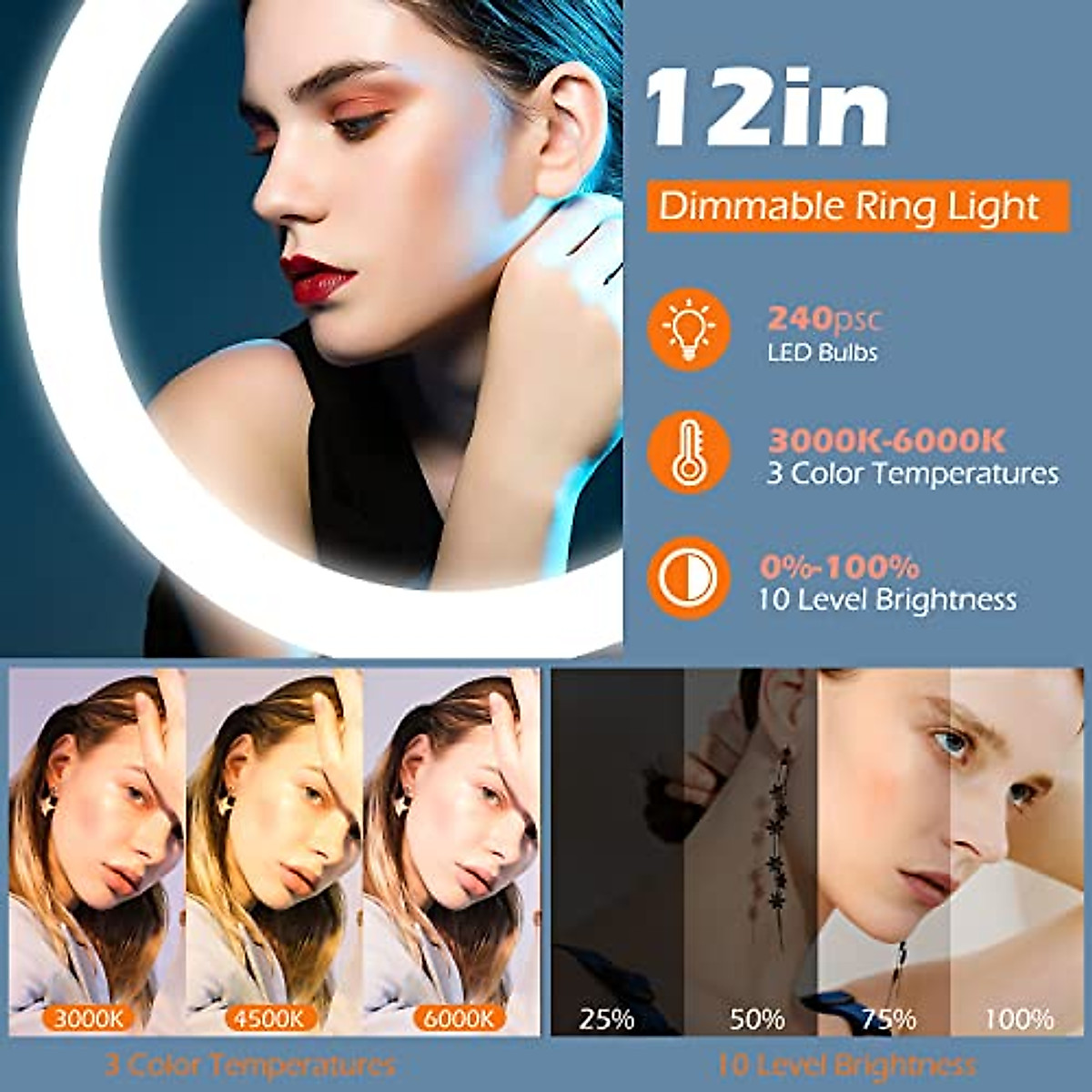 Sensyne 12'' Ring Light with Tripod Stand, LED Selfie Ring Light with Stand and Phone Holder for Photography/Recording/YouTube/TikTok, Compatible with All Cell Phones/Cameras