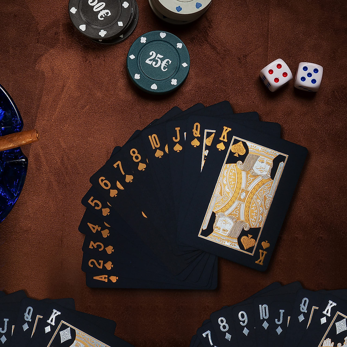 INTEGEAR 2 Decks of Playing Cards, Gold 3D Embossed Patterned Poker Cards Plastic PET Waterproof Playing Cards Luxury Magic Trick Game Tool Gift Reusable Party Decoration