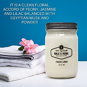 Nika's Home Fresh Linen Soy Candle 12oz Mason Jar Non-Toxic Natural White Soy Handmade, Long Burning 50-60 Hours Highly Scented All Natural, Clean Burning Candle Gift Décor