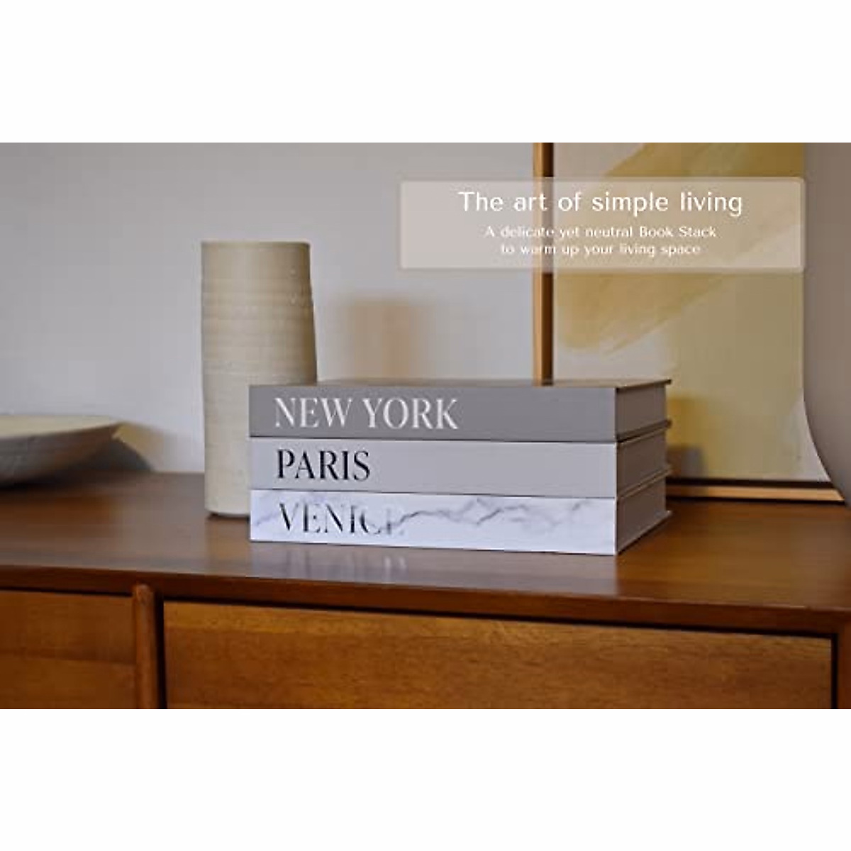 Dual Display Large Premium Decorative Books with Blank Pages, Removable Dust Covers, Wooden Bead Garland and Twine - Set of 3 (Grey) - Neutral and Modern Decorative Book Stack for Home Decor - Fashion Designer Display Books, Faux Books - for Decoration, B