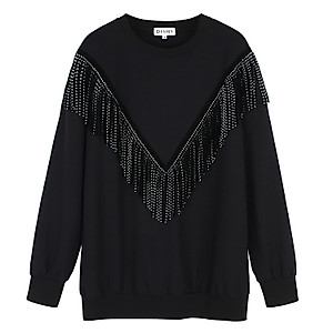 PESION Women's Novelty Oversized Sweatshirt Crewneck Long Sleeve Fringe Trim Shirt Pullover Tops Sweaters, Black, Small