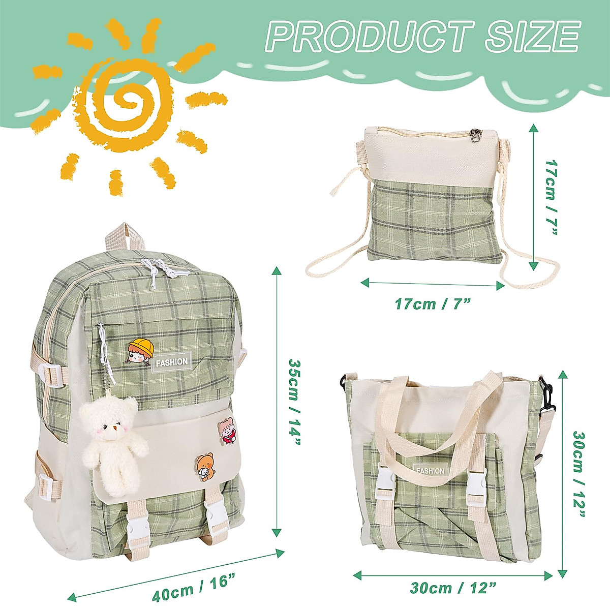 5Pcs Canvas School Backpack Combo Set with Kawaii Bear Pendant Cute Pins Plaid Check Handle Shoulder Tote Bag Schoolbag (Green)