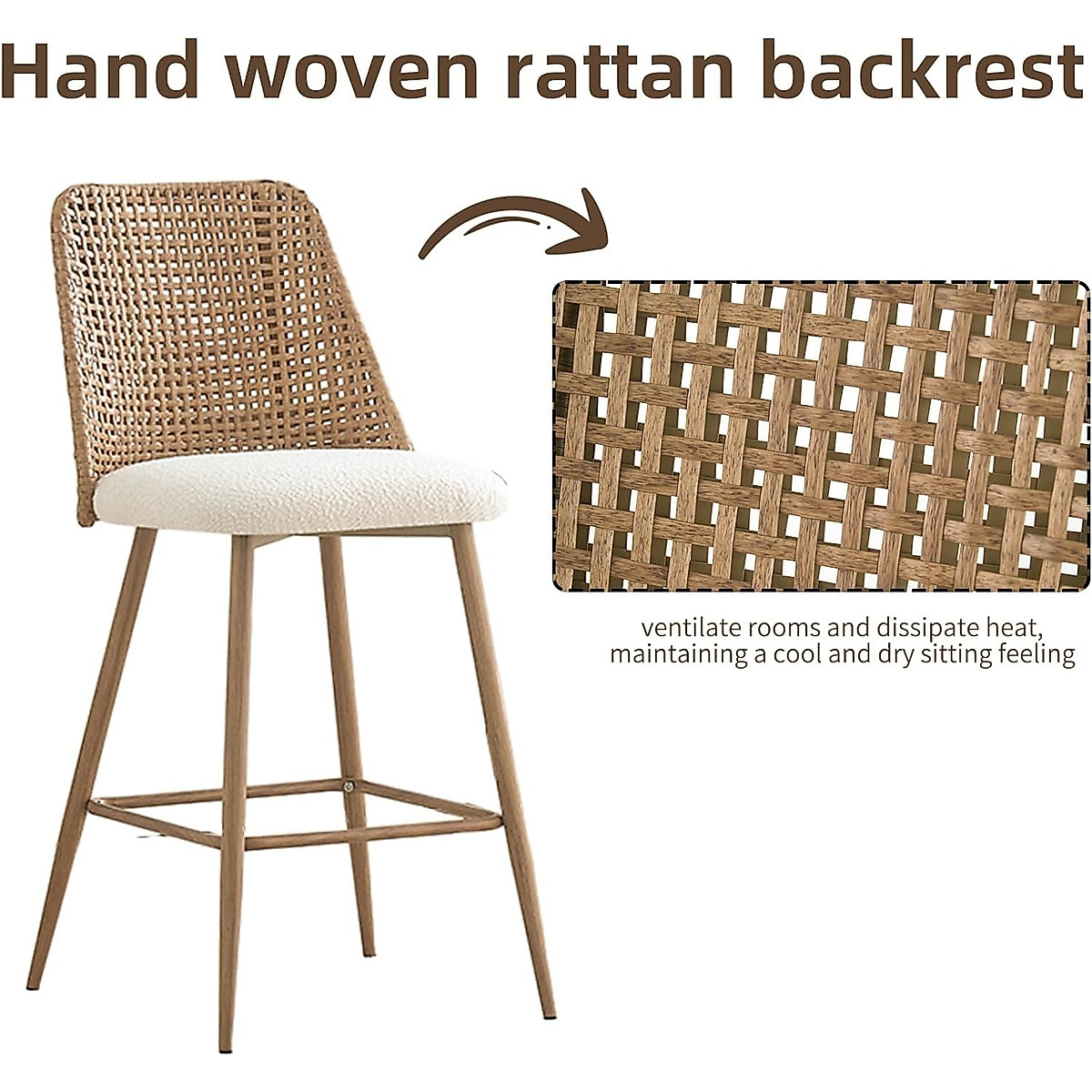 JALOURT Rattan Counter Height Bar Stools Set of 2, Modern Upholstered Bar Stools with Full PE Cane Back,26''Rattan Back Counter Stools with Solid Metal Legs for Kitchen Bar Island,Brown