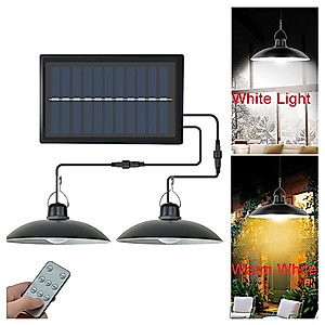 Aolyty Solar Pendant Light with Double Head Shed Light IP65 Waterproof Solar Powered Hanging Light with Remote Control Dimmable for Garden Yard Corridors Walkway Pathway Garage Driveway (Warm Light)