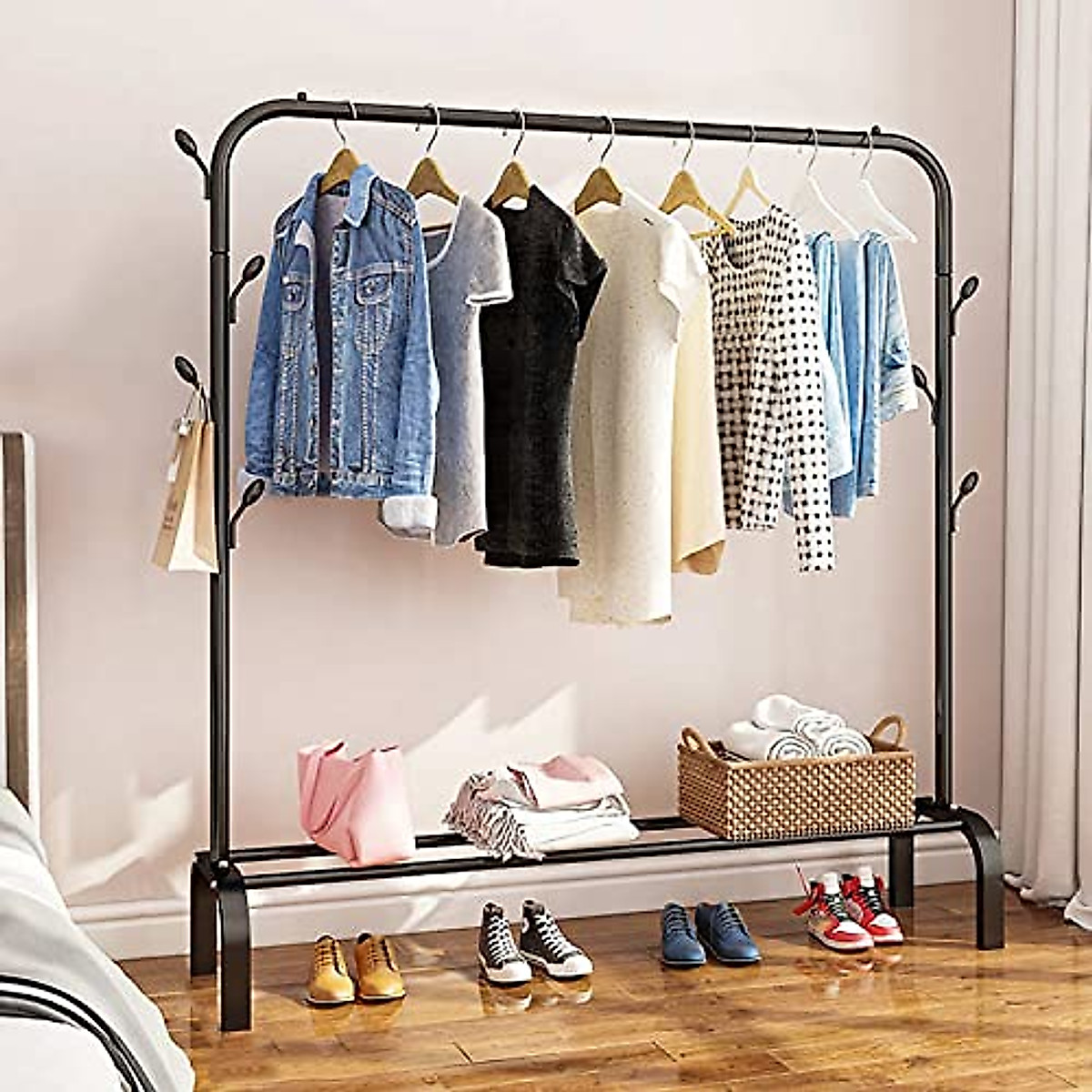 Clothing Rack Garment Wardrobe Rack, Metal Freestanding Clothes Closet Rack Rod for Hanging Clothes, Portable Coat Rack Organizer with Bottom Rack, 110×152cm ( Color : Black , Battery *1 : 110x152cm )