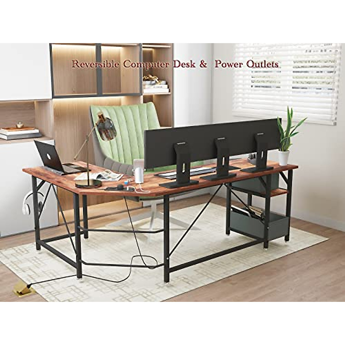 SZXKT L Shaped Desk with Power Outlets,66 inch Corner Computer Desk with Drawers,Gaming Desk Home Office Writing Study Table Reversible L Desk with Storage Shelves and Hooks(Rustic Brown)