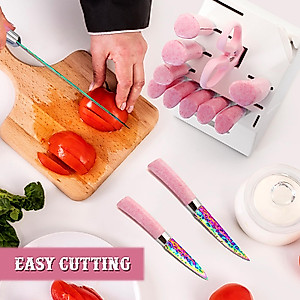 Rainbow Kitchen Knife Set Non Stick Knives with Wood Storage, Serrated Steak Knife, Chef Knife, Scissors with Built-in Sharpener, 14Pcs Ultra-Sharp Cutlery Block Sets for Home & Pro Use Best Gift