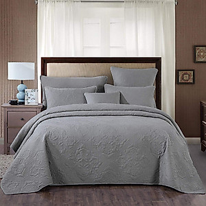 DaDa Bedding Stone Washed Grey Elegant Floral Bedspread - Matelassé Ash Silver Diamond Pattern Quilted Vintage Quilt Coverlet Set - Twin - 2-Pieces