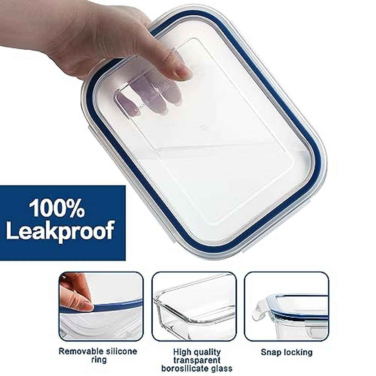 HOMBERKING 10 Pack Glass Meal Prep Containers, Glass Food Storage Containers with Lids, Airtight Glass Lunch Bento Boxes, BPA-Free & Leak Proof, 36oz & 14oz (10 lids & 10 Containers) - Blue