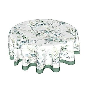 Spring Flower Tablecloth Round 60 Inch Sage Green Leaf Floral Round Tablecloth Farmhouse Watercolor Eucalyptus Decor Tablecloths Waterproof Polyester Table Cloth Round for Holiday Home party Decor