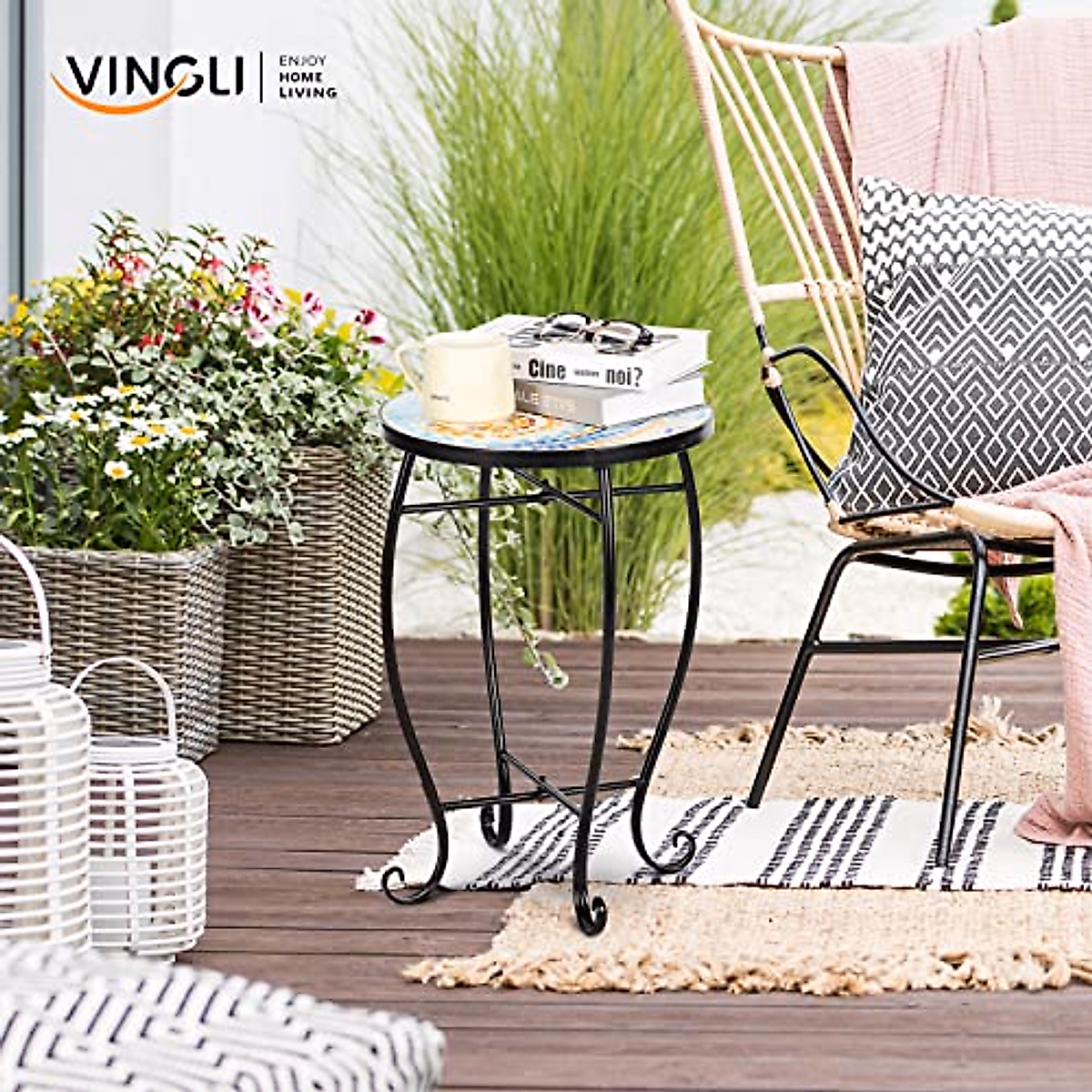 VINGLI Mosaic Accent Table, 14" Round Side Table,End Table, Plant Stand Decor for Patio Porch Beach Theme Balcony Back Deck Pool Indoor Outdoor Coffee, Metal Cobalt Glass Top Black Iron(Blue Hawaii)