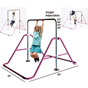 Gymnastics Bar for Kids Horizontal Kip Bar Jungle Gym with 8'x'4 EVA Puzzle Mat, Junior Training Monkey Bars Home Gym Adjustable Height Expandable Junior Training Bar Indoor Foldable (Pink)