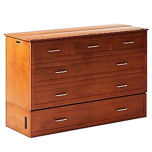 MUZZ Queen Size Murphy Cabinet Bed with Memory Foam Mattress, Charging Station and Large Drawer (Queen, Cherry)