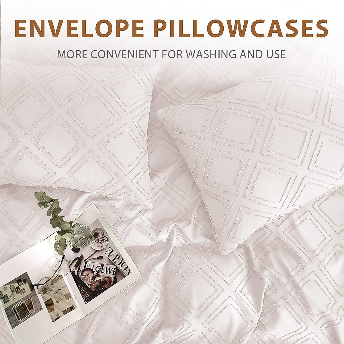 MUXHOMO Duvet Cover Queen Size - Beige Tufted Duvet Cover Set, Ultra Soft Boho Texture Bedding Set of 3 Pieces (1 Comforter Cover + 2 Pillowcases) with Double-Zipper Closure