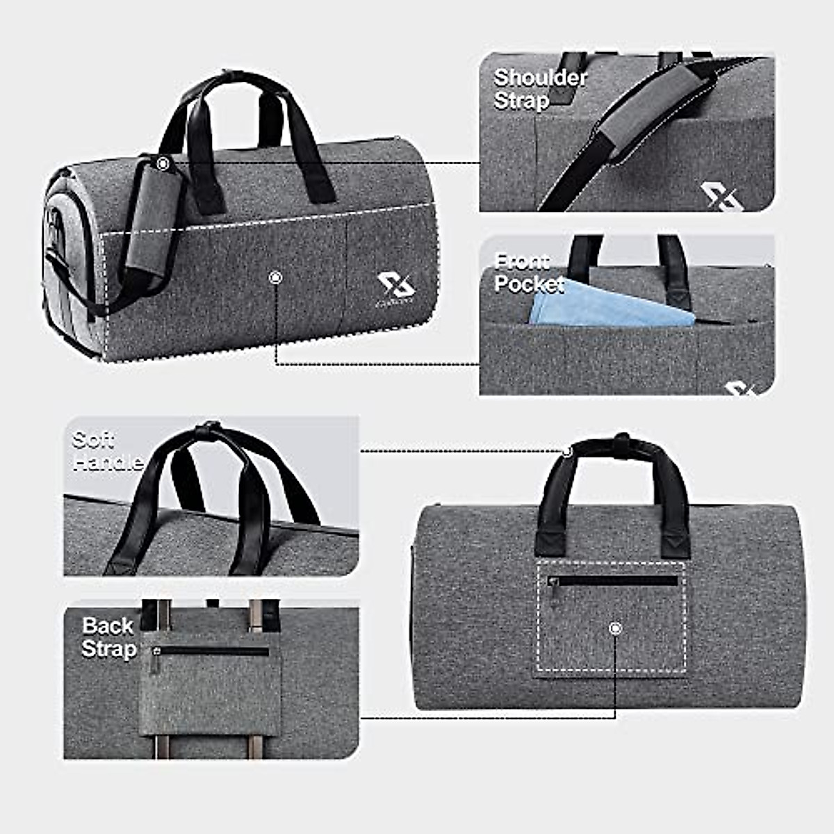 Golkcurx Convertible Garment Bag for travel,Carry on Garment Duffle Bag with Shoe Compartment, Detachable Shoulder Strap - 2 in 1 Suit Bags Suit Travel Bags for Men Women (Grey)