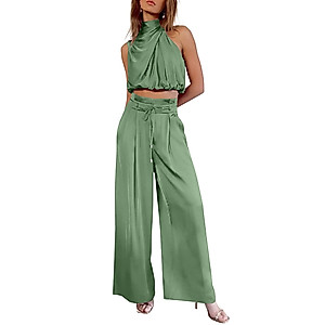 PRETTYGARDEN Women's 2 Piece Outfits 2024 Summer Casual Sleeveless Mock Neck Crop Tops Wide Leg Pants Set (Light Green,Large)