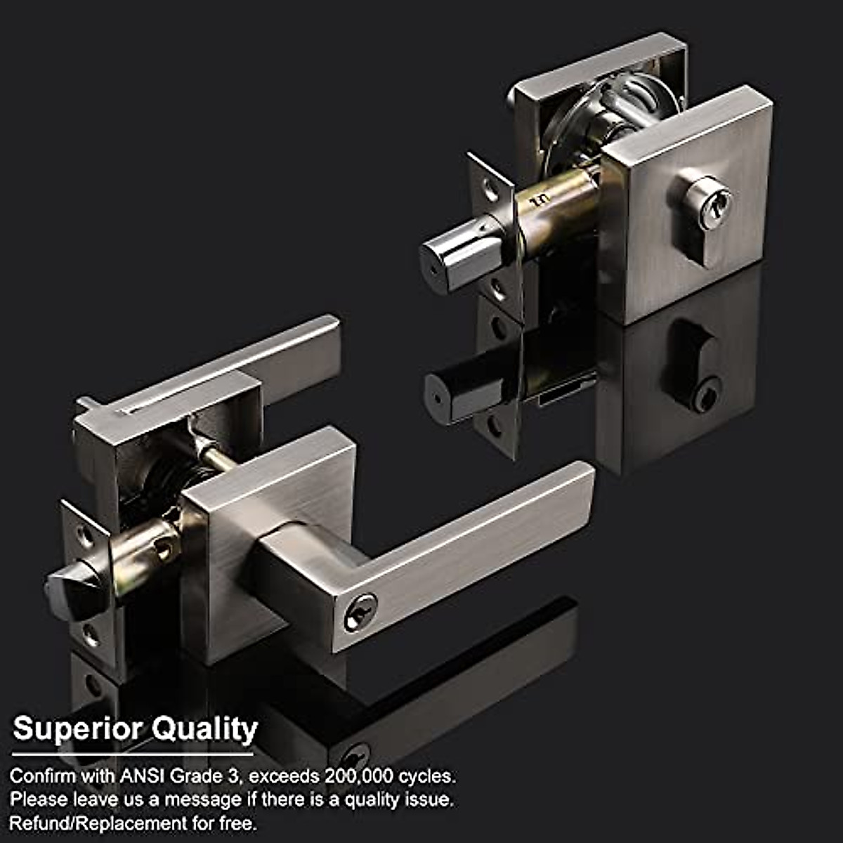 Entry Door Handle Set with Single Cylinder Deadbolts, Satin Nickel Finish Door Levers with Lock&Keys, Contemporary Modern Style Door Handleset Combo Pack, Keyed Alike per Set