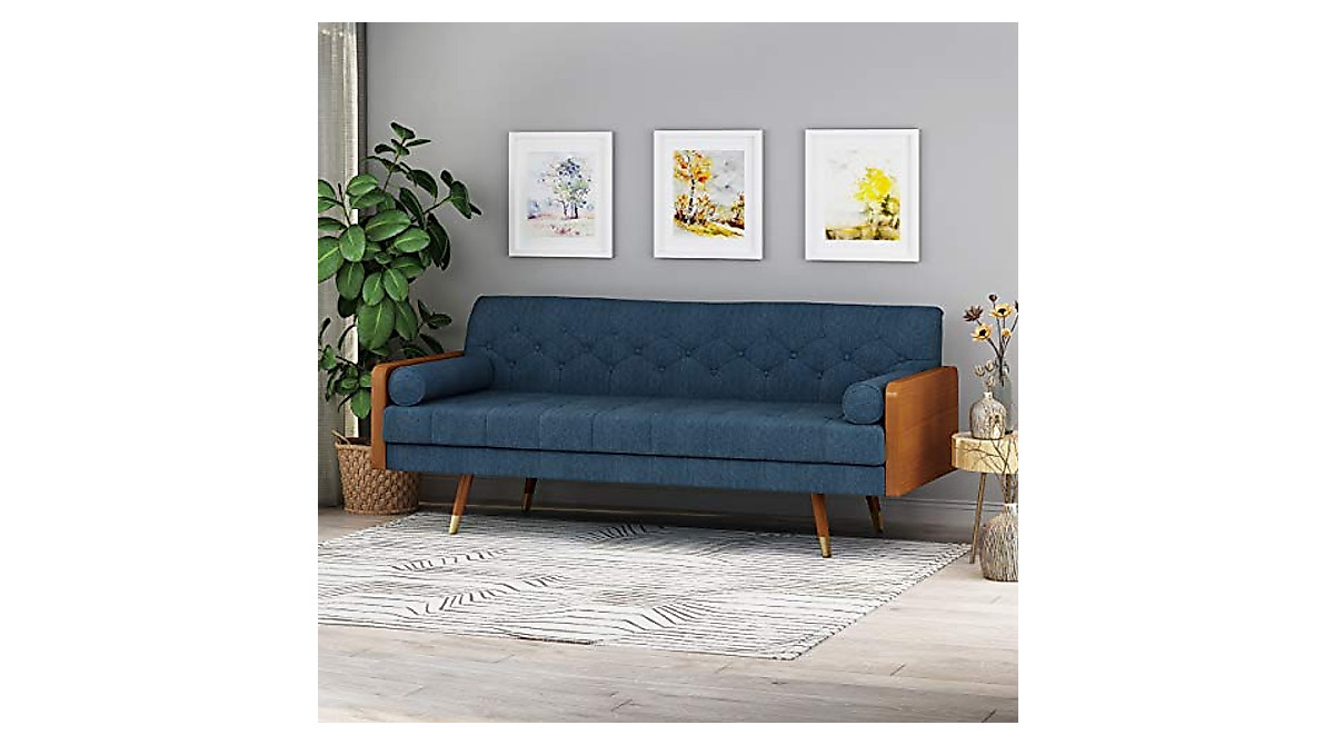 Aidan Mid-Century Modern Tufted Fabric Sofa - Navy Blue & Gold Legs