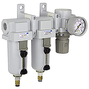 PneumaticPlus SAU430-N04DG-MEP Three Stage Air Drying System Particulate Air Filter, Coalescing Filter, Air Pressure Regulator Combo 1/2" NPT - Metal Bowl, Auto Drain, Bracket, Gauge