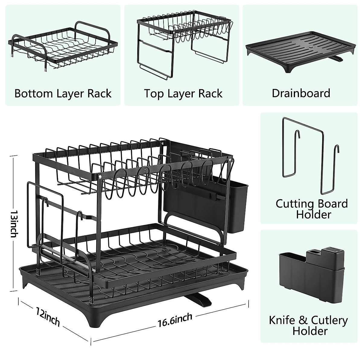 Dish Drying Rack, Multifunctional Dish Rack, Rustproof Kitchen Dish Drying Rack with Drainboard, Space-Saving 2-Tier Dish Drying Rack with Utensil Holder & Cup Holder for Kitchen Counter,Black