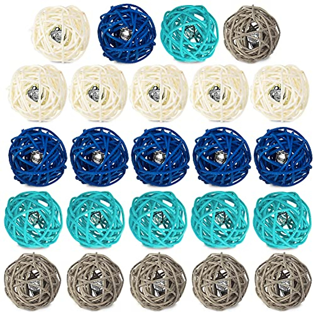 DomeStar Rattan Ball with Jingle Bell, 24PCS Wicker Ring Balls 2 Inches Natural Decorative Wicker Rattan Balls Orbs Vase Fillers Blue, White, Grey and Cerulean