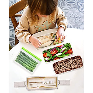 JBGOYON Bento Boxes for Adults, 1000ML Bento Lunch Box For Kids Children - Wheat Straw, Leakproof Stackable 3-In-1 Compartment Bento Box Set, Built-in Cutlery, Insulated Lunch Bag