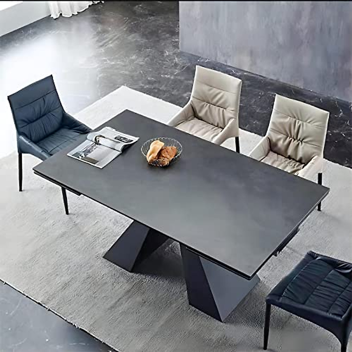 Expandable Dining Table for 6-10 Seat, Flexible Stretch, Tabletop Made from Rock Plate and Tempered Glass, Solid Carbon Steel Base, 35.4" D x 94.5" W x 30" H, Dark Grey