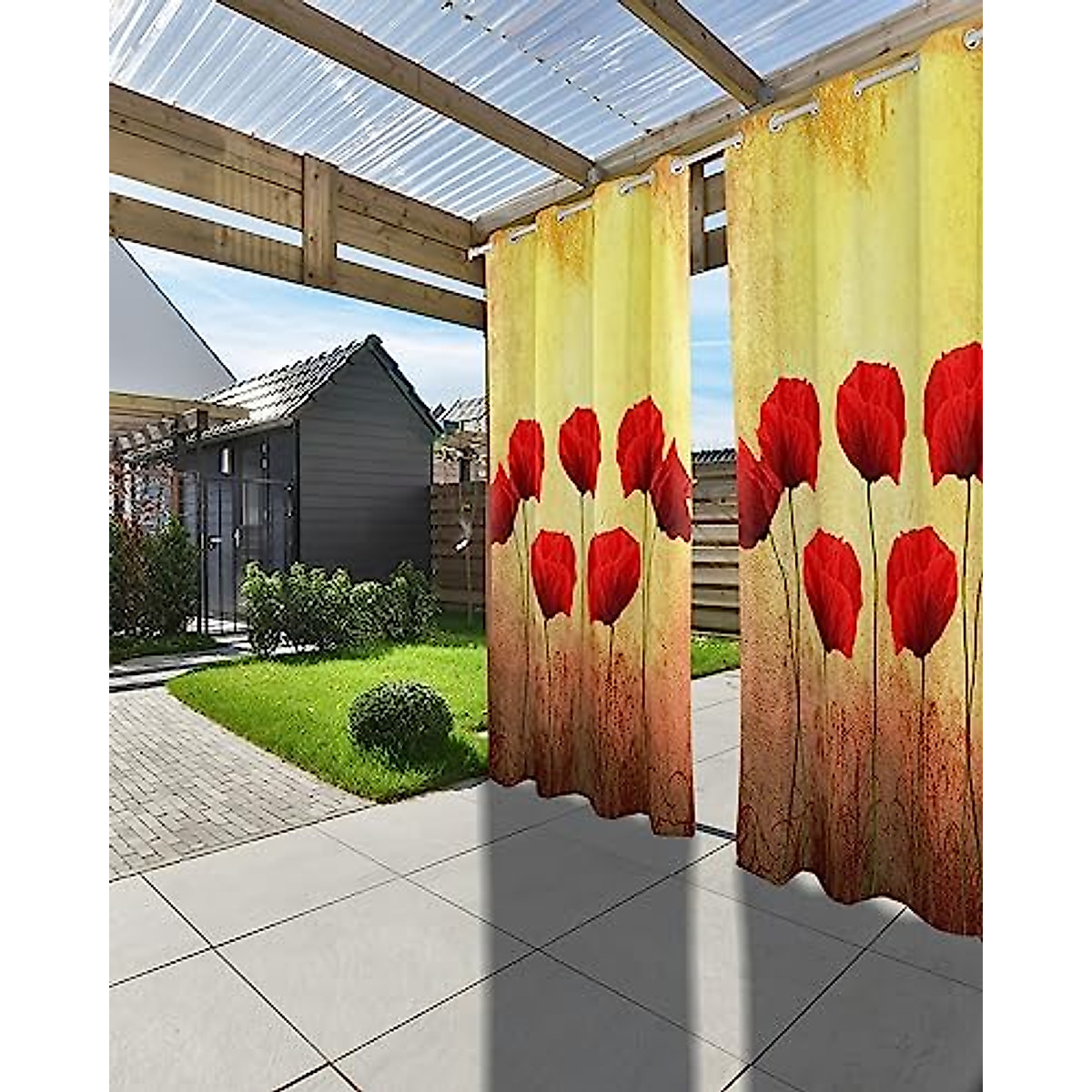 HERBED Outdoor Curtains for Patio 2 Panels Set Red Flowers Under Sunset Waterproof Privacy Outside Curtain Sun Blocking Grommet Blackout Drapes for Porch Gazebo Pergolas Balcony 52x108 Inch
