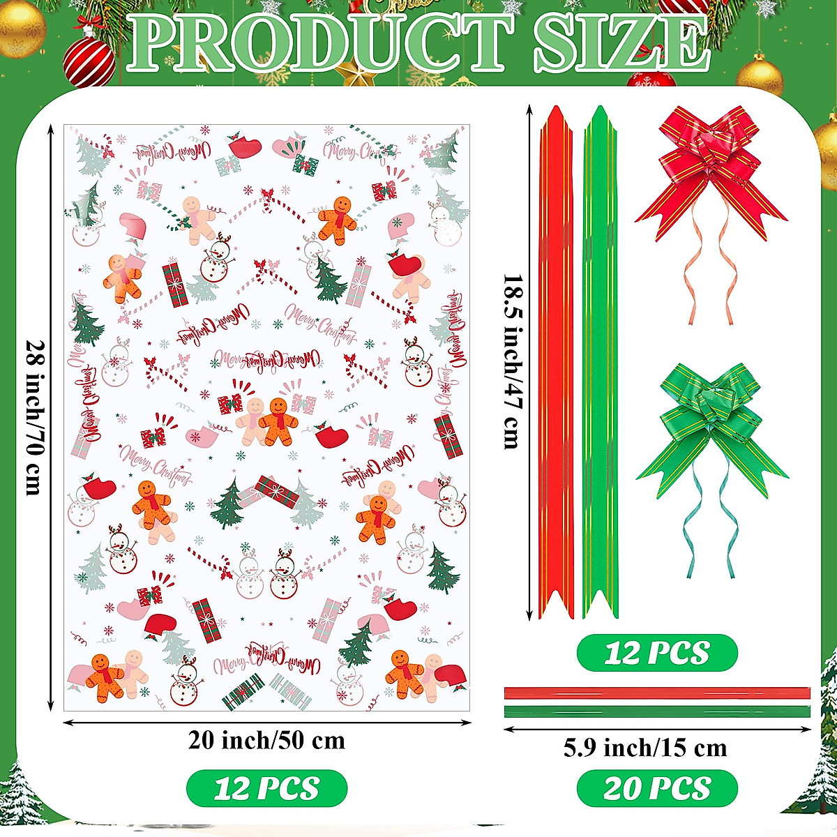 MIMIND 12 Pieces Christmas Large Basket Bags Clear Cellophane Bags 20 x 28 Inch Red Green Basket Bags Clear Thickened Gift Cookie Bags with Red Green Twist Ties, Bows Ribbon for Christmas Gift Baskets