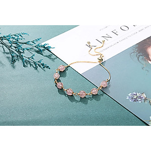 Top Plaza Natural Rose Quartz Crystal Bracelets Healing Crystal Stone Bead Bracelet 14K Gold Plated Ankle Bracelets Healing Quartz Jewelry for BF Mom Wife Birthday Christmas Gifts