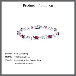 Gem Stone King 925 Sterling Silver Red Created Ruby and White Diamond Greek Vine Tennis Bracelet For Women (4.63 Cttw, Oval 6X4MM, 7 Inch)