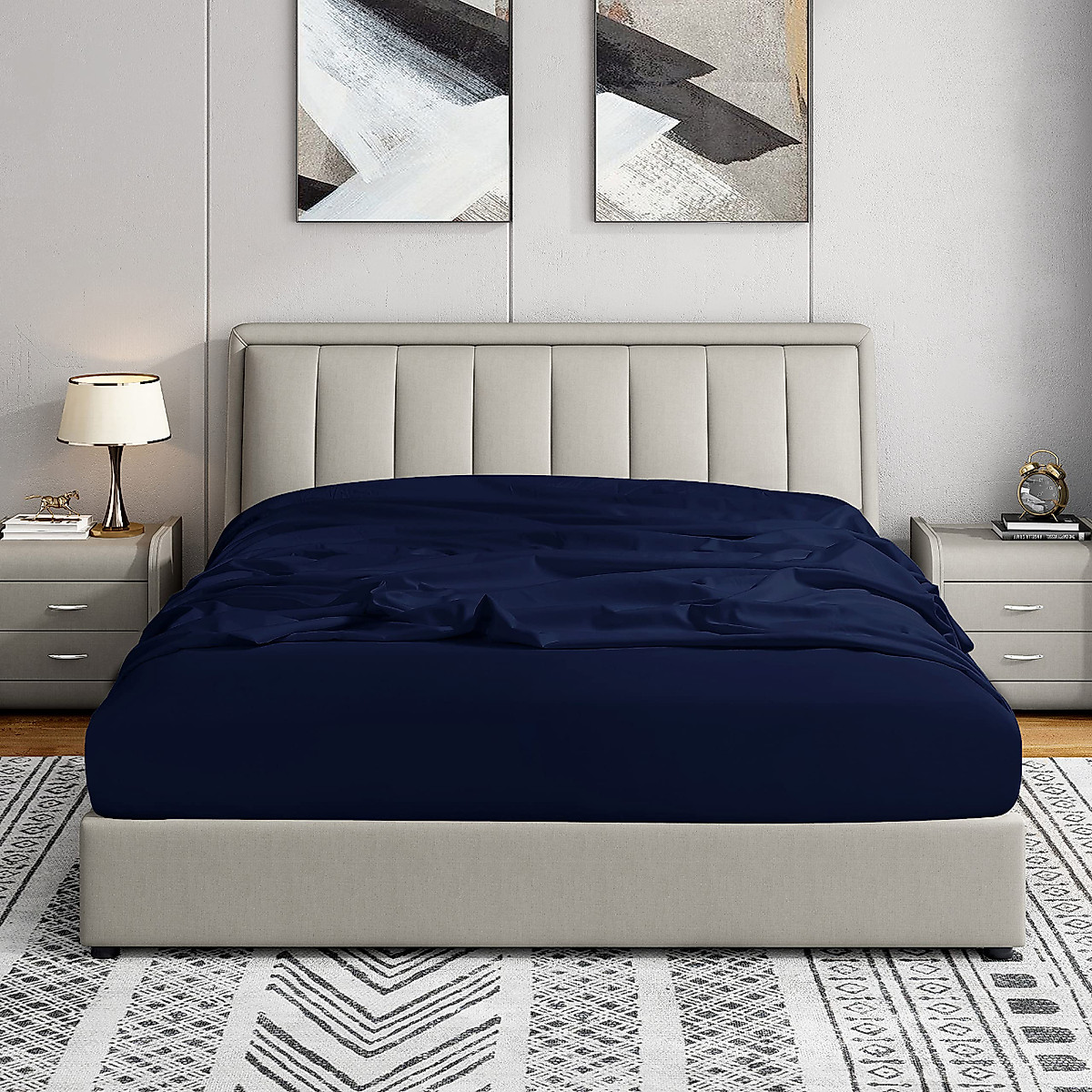 Cathay Home Twin Fitted Sheet - Double Brushed Ultra Soft – Wrinkle & Fade Resistant - 14" Standard Pocket Fitted Sheet Only - Good Fit for 12"-16" Deep Mattress (Twin, Navy)