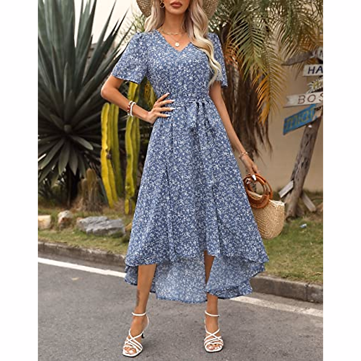 Maggeer 2023 Womens Casual Summer Dresses Short Sleeve Cute V Neck Ruffle Boho A Line High Low Flowy Swing Beach Modest Floral Maxi Dress with Pockets Dusty Blue XL