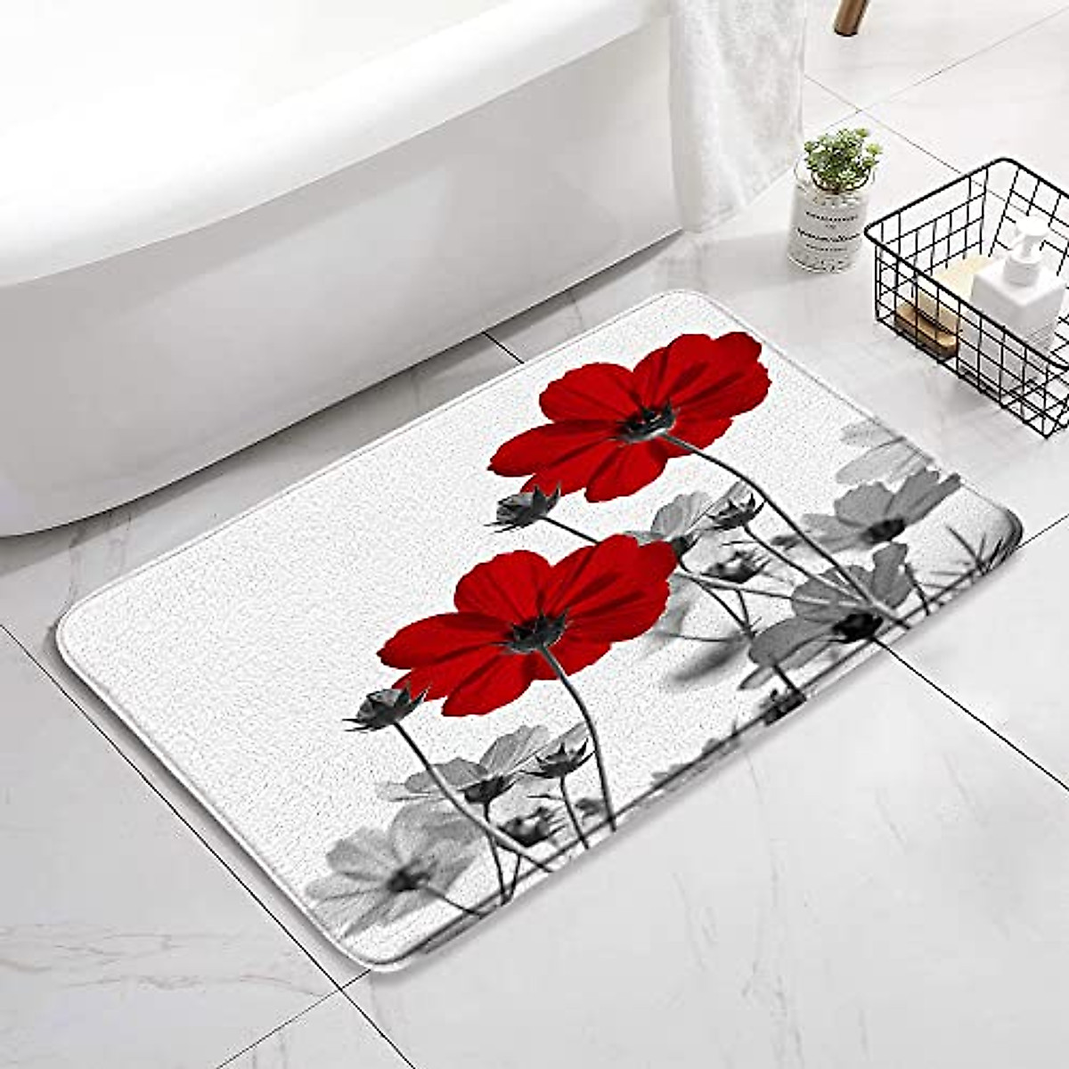 FEIERMAN Red Gray Floral Bath Mat/Rug Simple Elegance Retro Daisy Abstract Flower Microfiber Memory Foam Bathroom Decor Mat Not Easy to Slide Backing 17.8X 29.5 Inch/45x 75cm