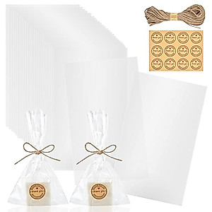 100pcs 6"x 9" Clear Soap Bags Cellophane Gift Bags with 9 Pieces Stickers and Hemp Rope for Homemade Soap Craft Gift Packaging Supplies Box Birthday Party