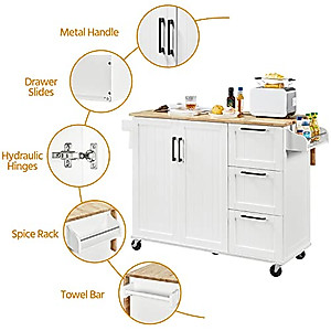 Yaheetech Kitchen Cart with Drop-Leaf Countertop, Kitchen Island on 5 Universal Wheels with Storage Cabinet and 3 Drawers for Dinning Room, L53xW18xH36 in, White