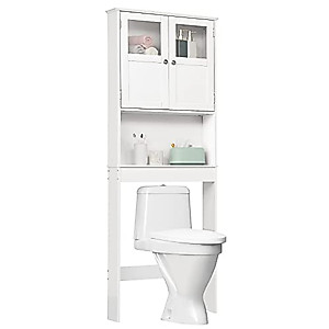 VINGLI Bathroom Organizer Over Toilet Bathroom Storage Cabinet Above The Toilet Shelf with Acrylic Glass Double Doors Adjustable Shelf Free Standing Wooden Space Saver Collect Home Furniture
