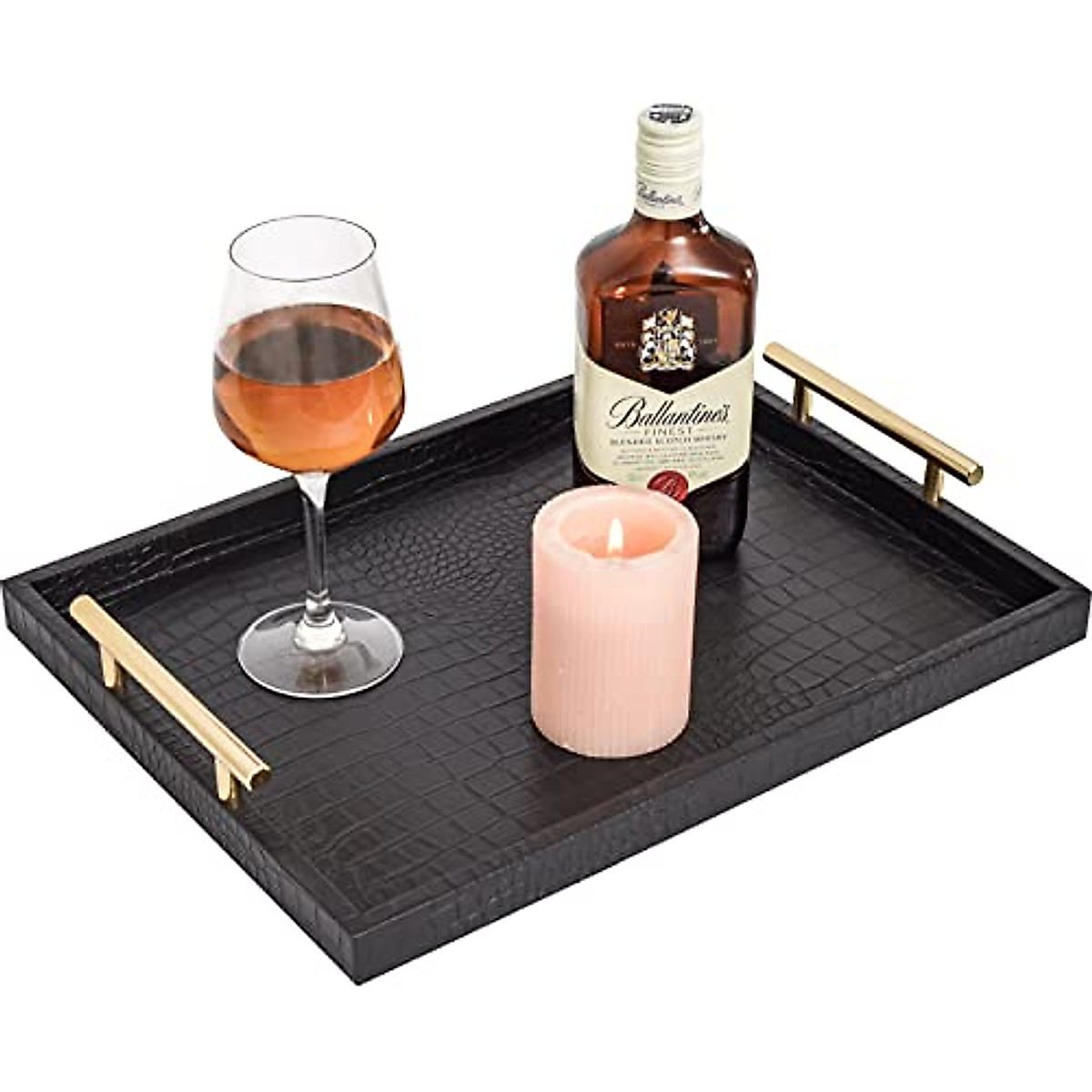MACVAD Set of 2 Modern Elegant Large Wood Serving Tray, Black Crocodile Leather with Gold Polished Metal Handles, Rectangle Decorative Tray for Ottoman Coffee Table Living Room