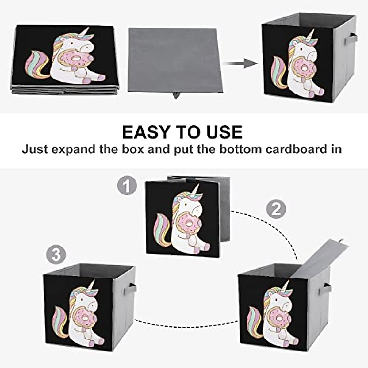 Unicorn Eating Delicious Donuts Foldable Storage Bins Printd Fabric Cube Baskets Boxes with Handles for Clothes Toys, 11x11x11