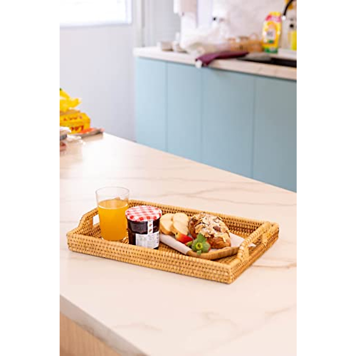 Hand-Woven Rattan Serving Tray with Handles for Breakfast, Drinks, Snack for Dining /Coffee Table (14.5 inch (37 cm), Rectangular)