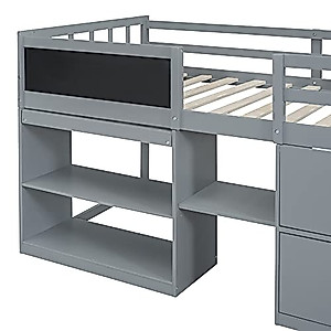 BOVZA Twin Size Low Loft Bed with Rolling Desk and Storage Shelves, Wooden Loft Bed Frame with 2 Drawers and Chalkboard for Kids Teens Boys Girls, Gray