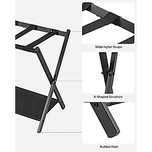 SONGMICS Luggage Rack for Guest Room, Suitcase Stand with Storage Shelf, Steel Frame, Foldable for Easy Storage, Hotel, Bedroom, Black URLR003B01