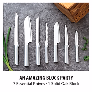RADA Essential Oak Block Set of 8 Silver Handled Knives With Knife Sharpener