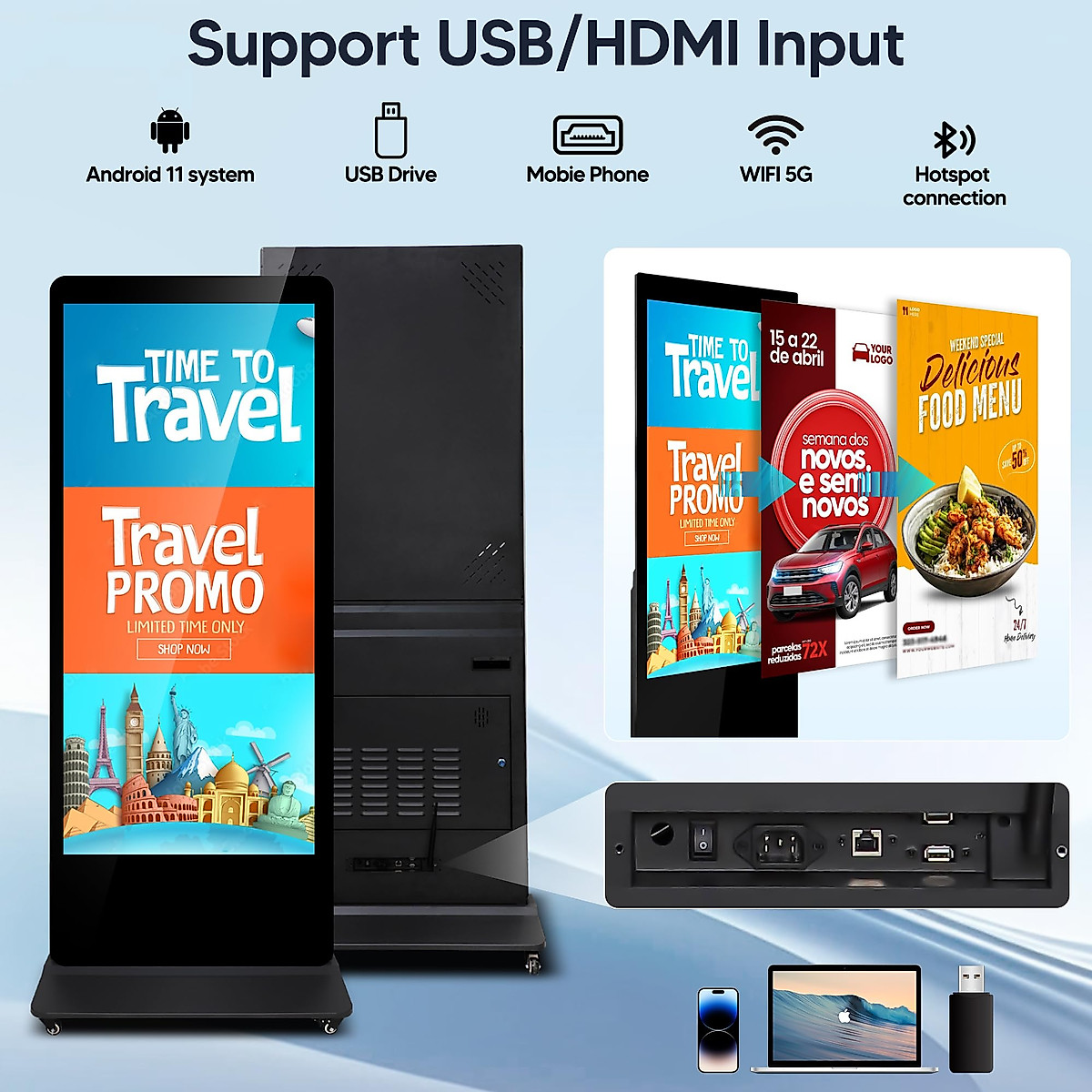 CAMINI 65 inch Digital Signage Floor Standing 4K Resolution Digital Signage Kiosk, LCD Digital Signage Kiosk, Android 11 OS Touch Screen with WiFi HDMI/USB Input Digital Signage Player