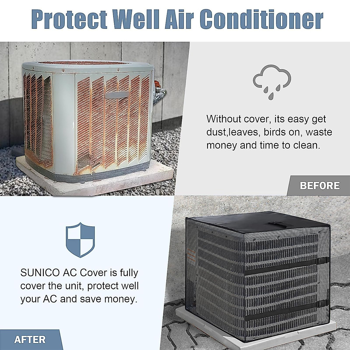 Air Conditioner Covers for Outside, Breathable Full Mesh With Waterproof Top Air Conditioner Cover for All Seasons, AC Unit Cover Protect from Cotttonwood Fluff, Leaves, Debris, 32"W x 32"D x 36"H