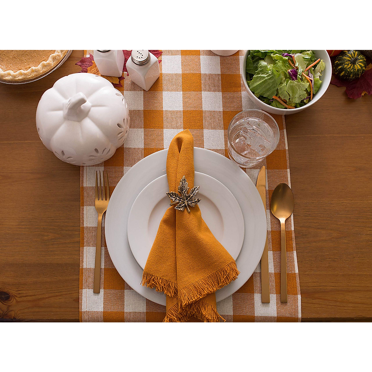 DII Heavyweight Fringed Check Tabletop Collection, Table Runner, 14x108, Pumpkin Spice