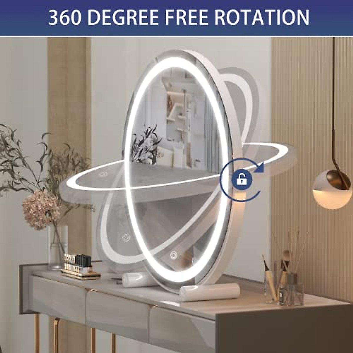Hasipu Vanity Mirror with Lights, 18" LED Lighted Smart Touch Control 3 Colors Dimmable Round Mirror 360°Rotation White