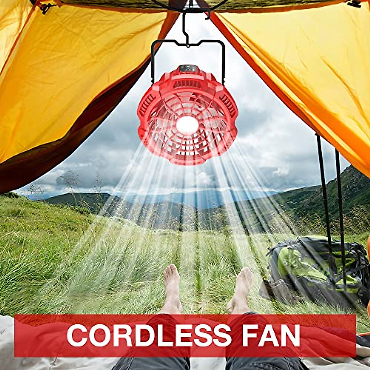 Hipoke Camping Fan for Milwaukee M18 18V Lithium-ion Battery, Portable Handheld Fan with 9W LED Lantern, Hook, 180°Head Rotation Outdoor Rechargeable Fan for Fishing, Office, Travel, Barbecue, Garage