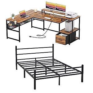 GreenForest Queen Size Bed Frame with Headboard Easy Assemble and 69 inch L Shaped Desk with Drawers and Power Outlet USB Ports